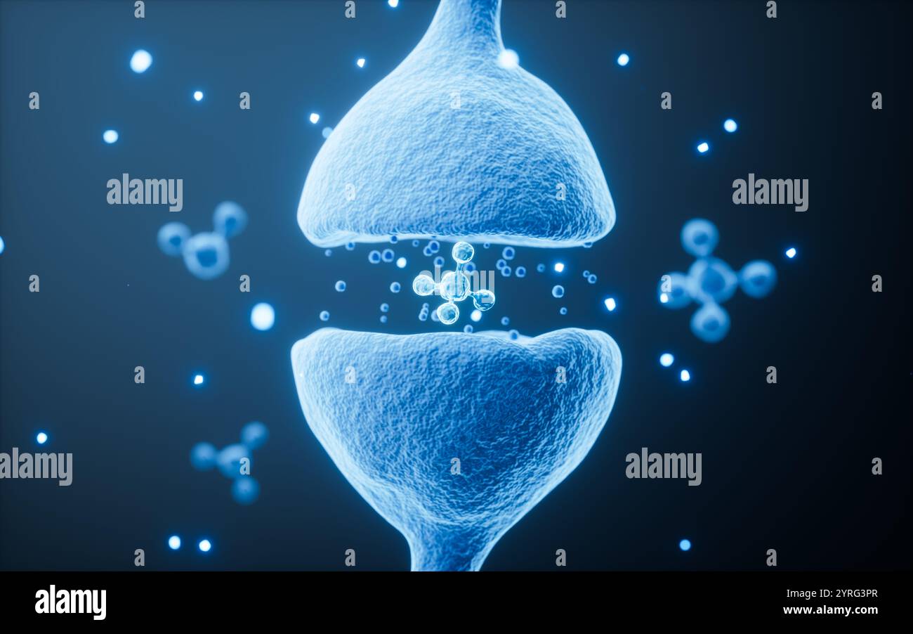 Molecules and synapses, nervous system concept, 3d rendering. 3d ...