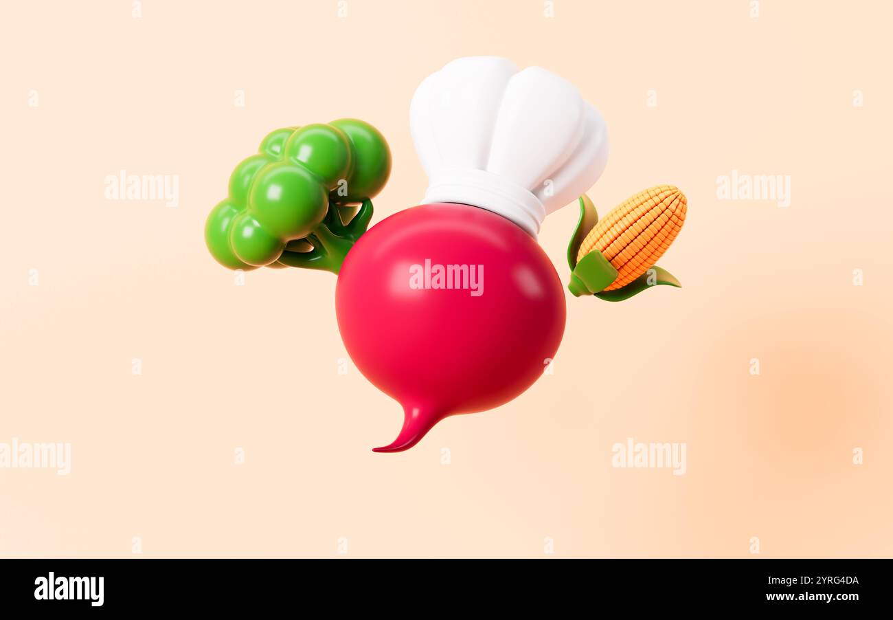 Cartoon round radish with chef hat, broccoli and corn on the yellow ...