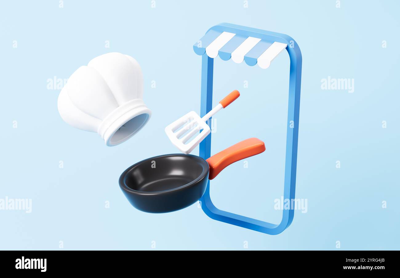 Cartoon chef cap and wok flying through mobile phone, take-out with ...