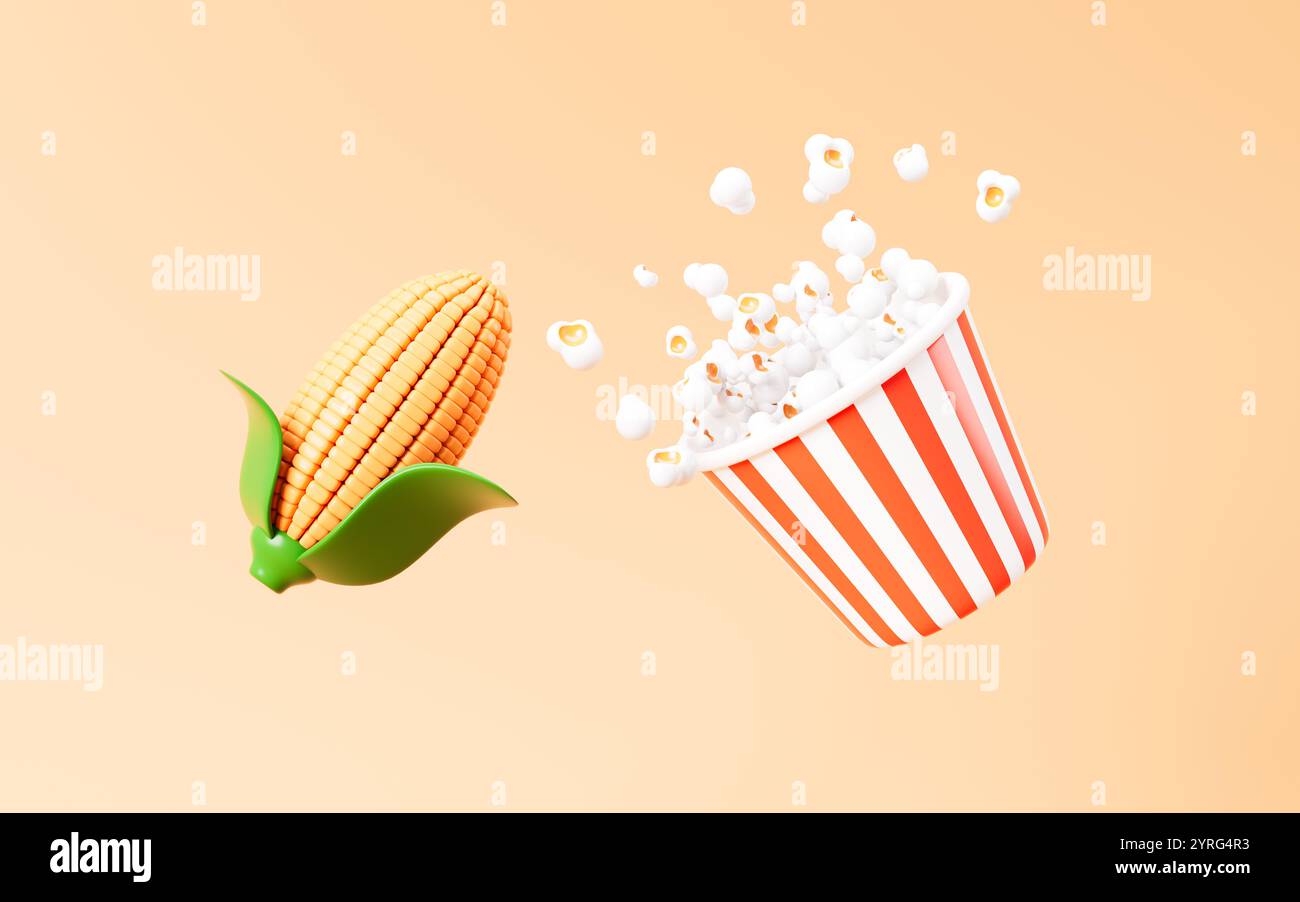 Cartoon popcorn and corn on the yellow background, 3d rendering. 3d ...