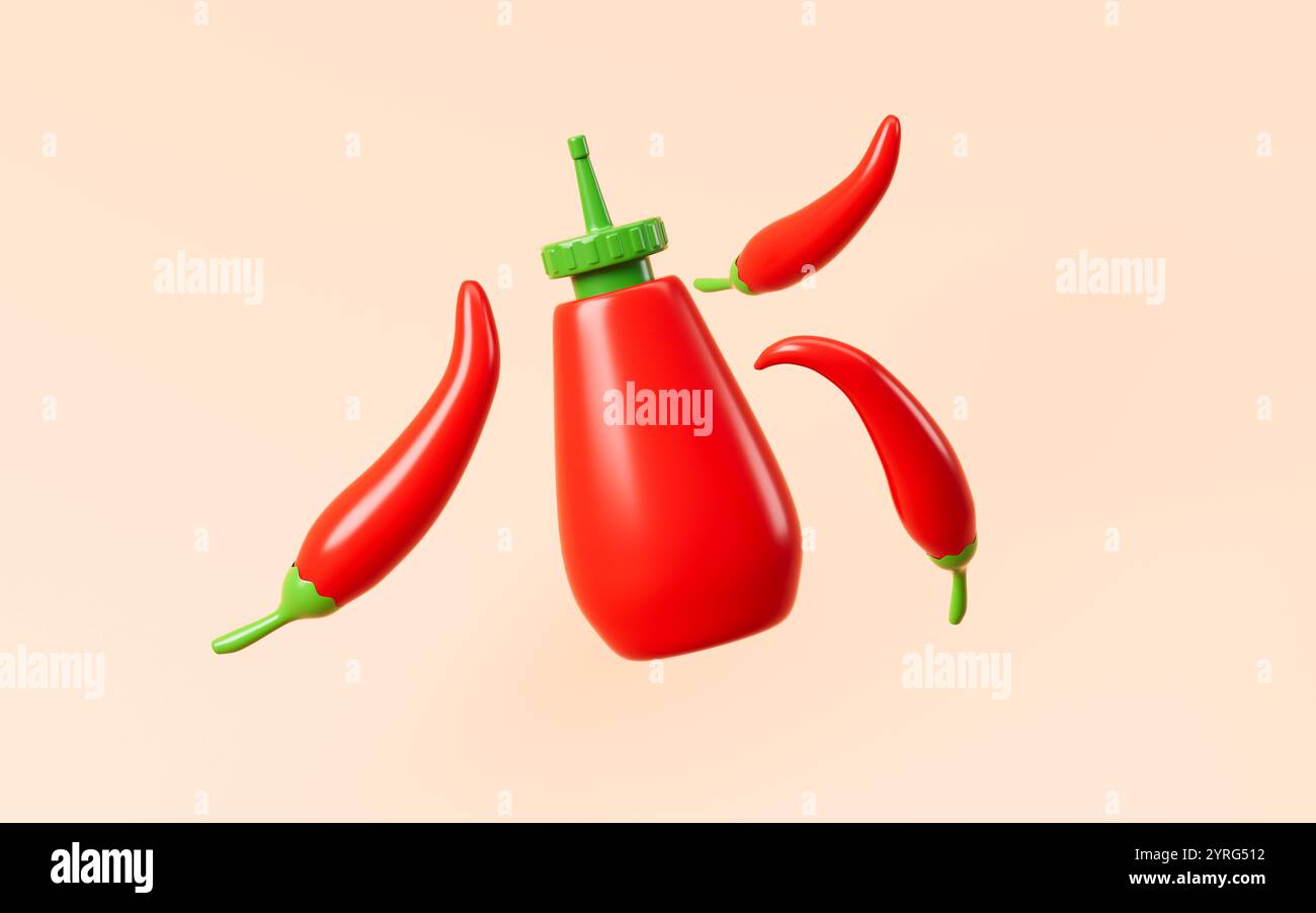 Cartoon red peppers, chilies and chilli sauce on the yellow background ...