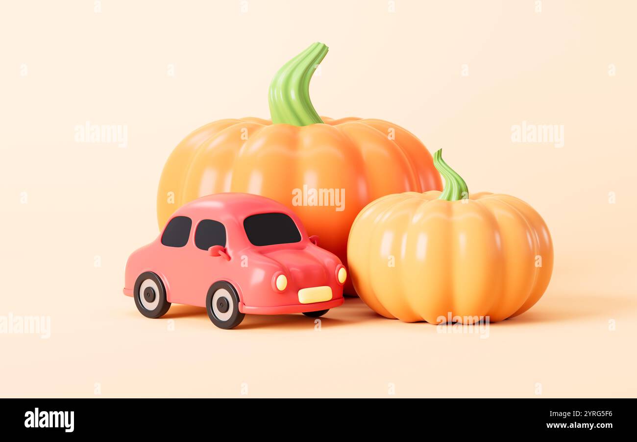Cartoon various pumpkins and car on the yellow background, 3d rendering ...