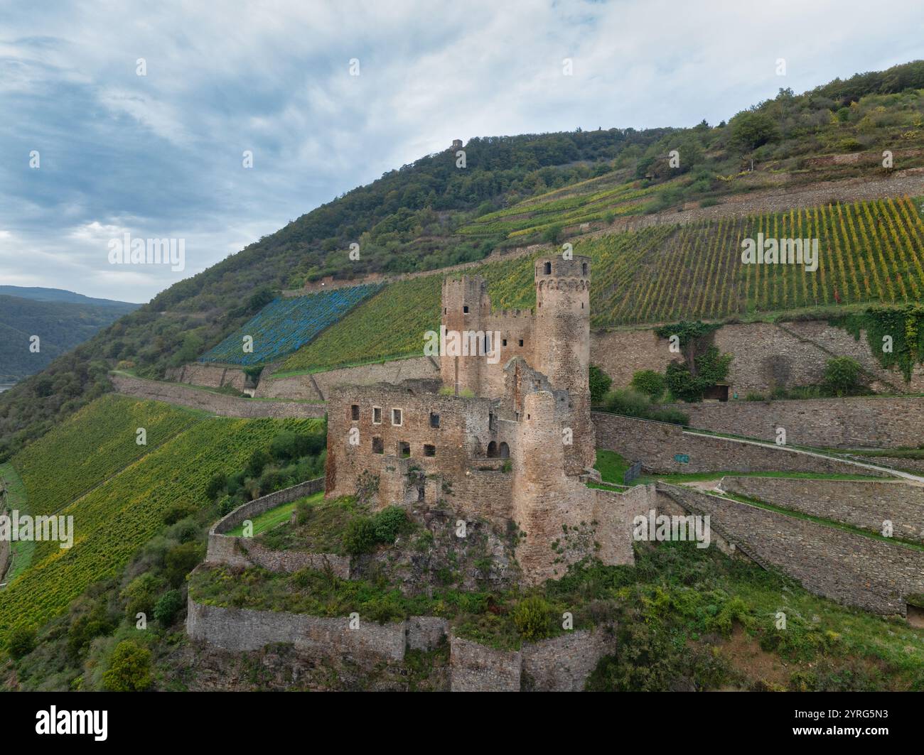 Aerial view of Ehrenfels Castle a ruined hillside castle above the ...