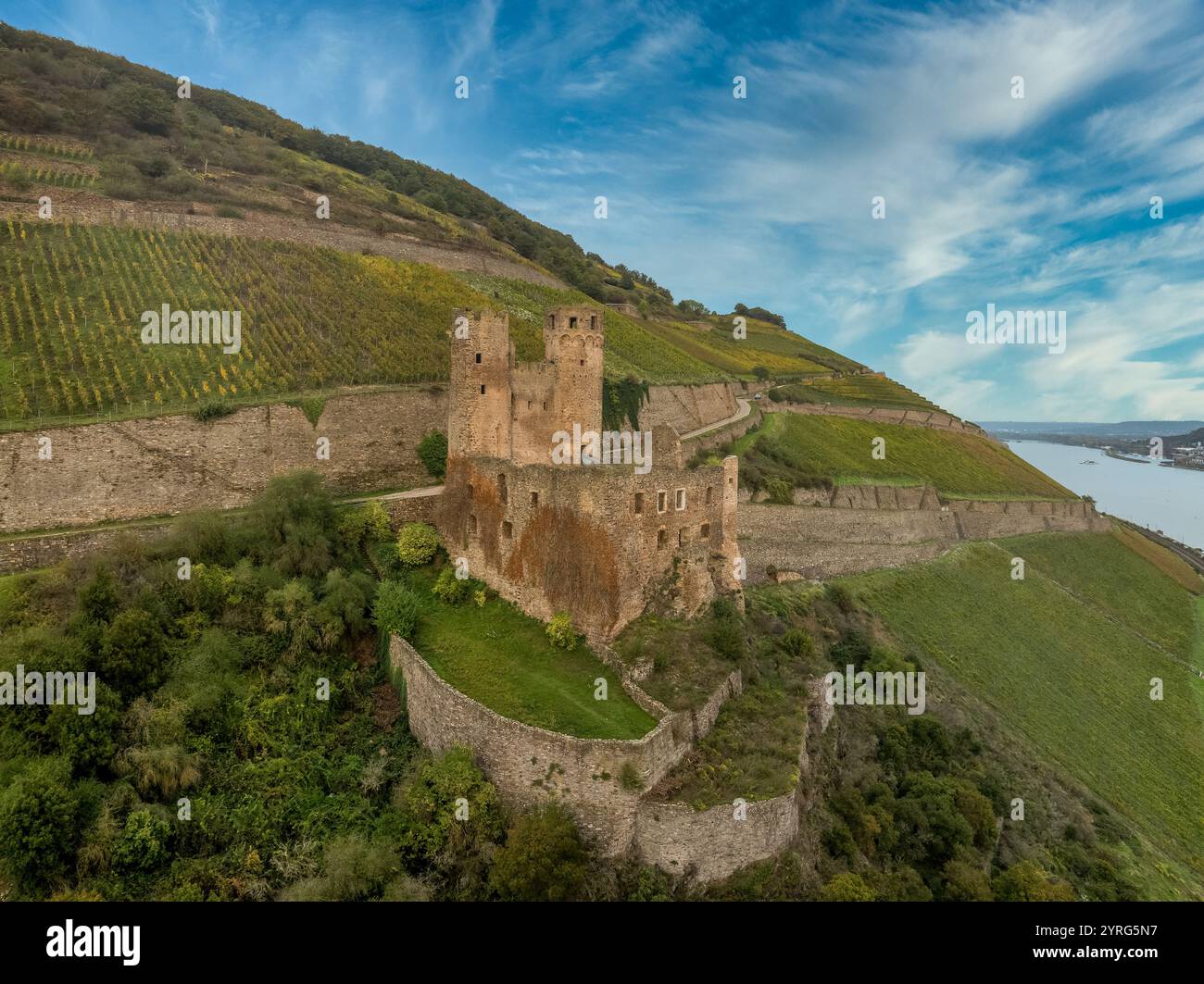 Aerial view of Ehrenfels Castle a ruined hillside castle above the ...