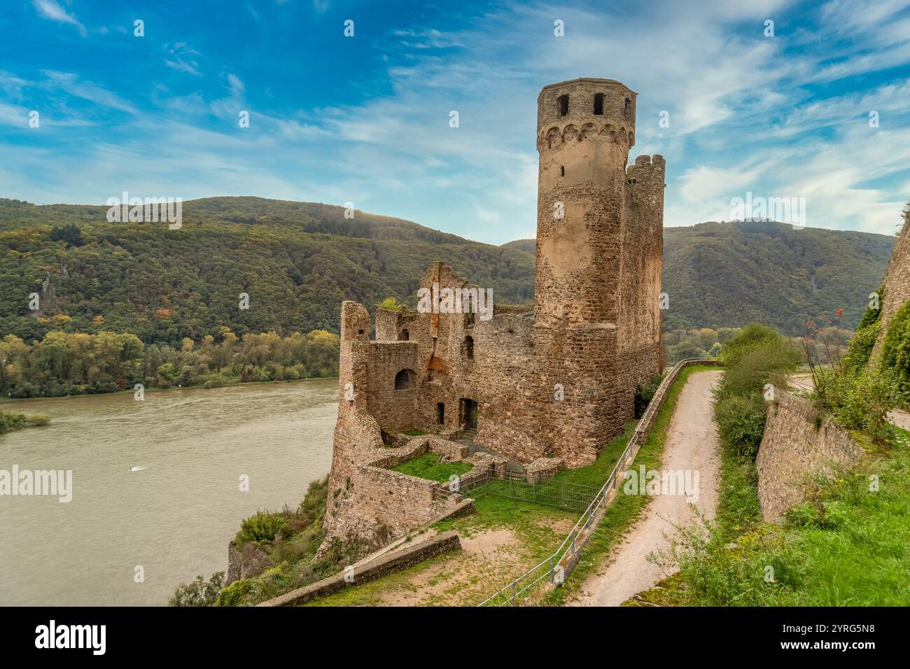 Aerial view of Ehrenfels Castle a ruined hillside castle above the ...