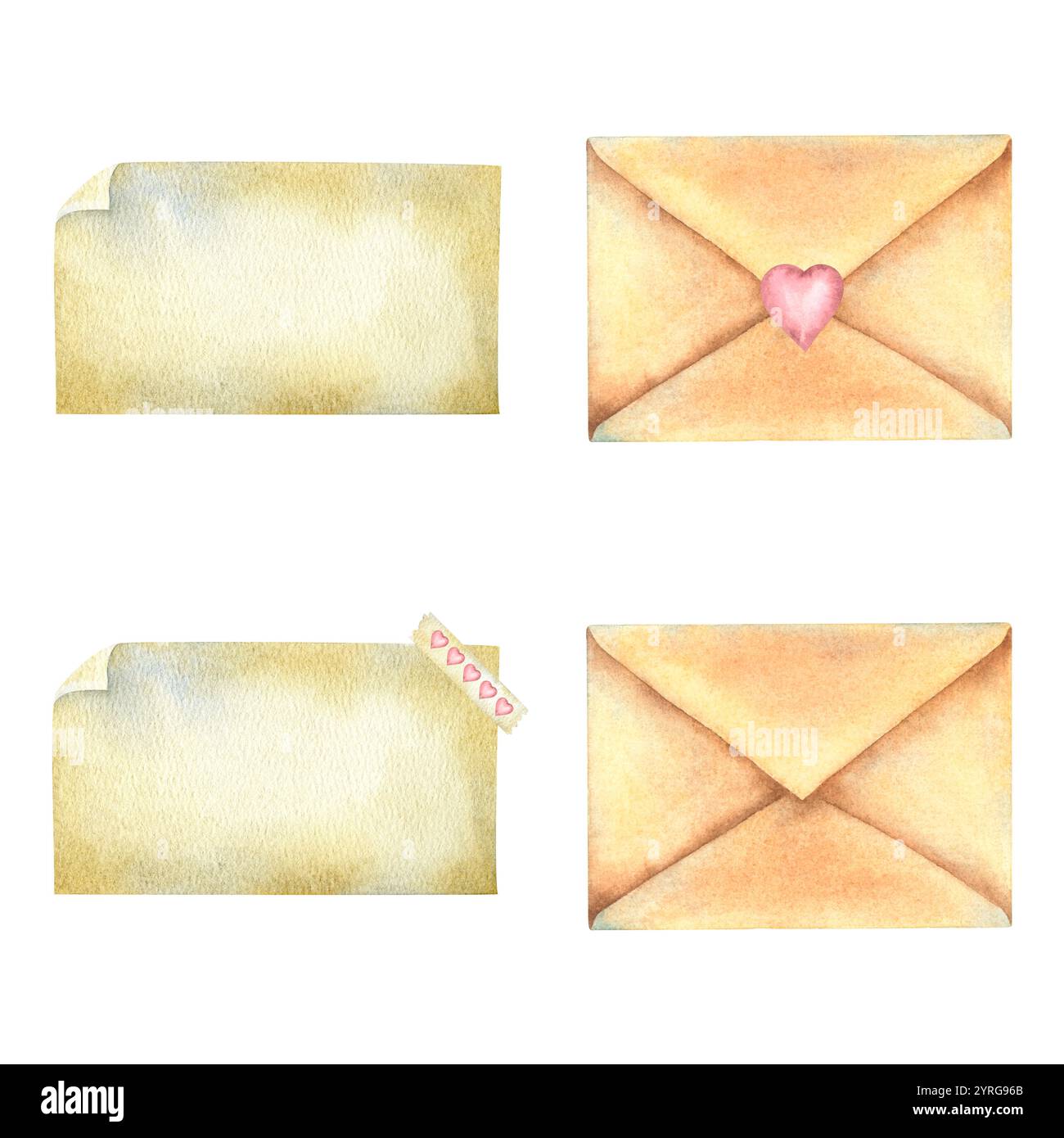 Envelopes, note papers with curled corner and torn adhesive tape. Hand ...