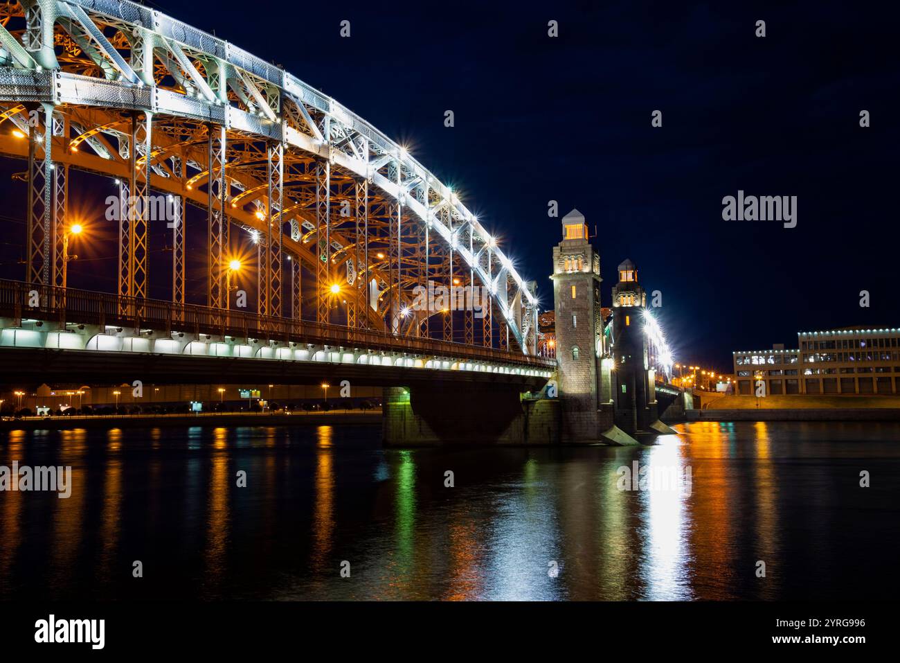Peter the Great Bridge (Bolsheokhtinsky Bridge) on a dark June night ...