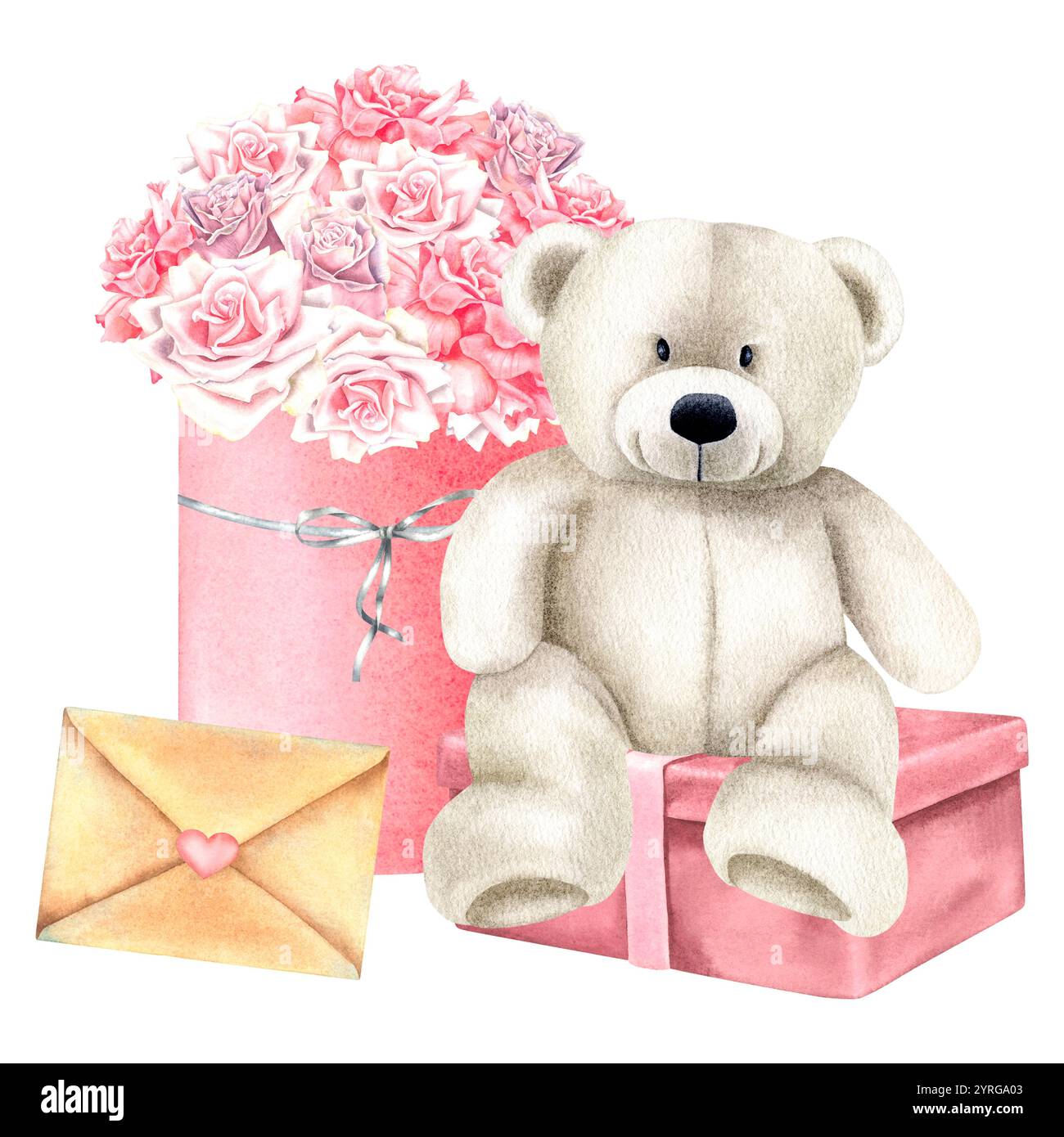 Teddy bear sitting on a gift box with rose bouquet and valentine letter envelope. Hand drawn ...