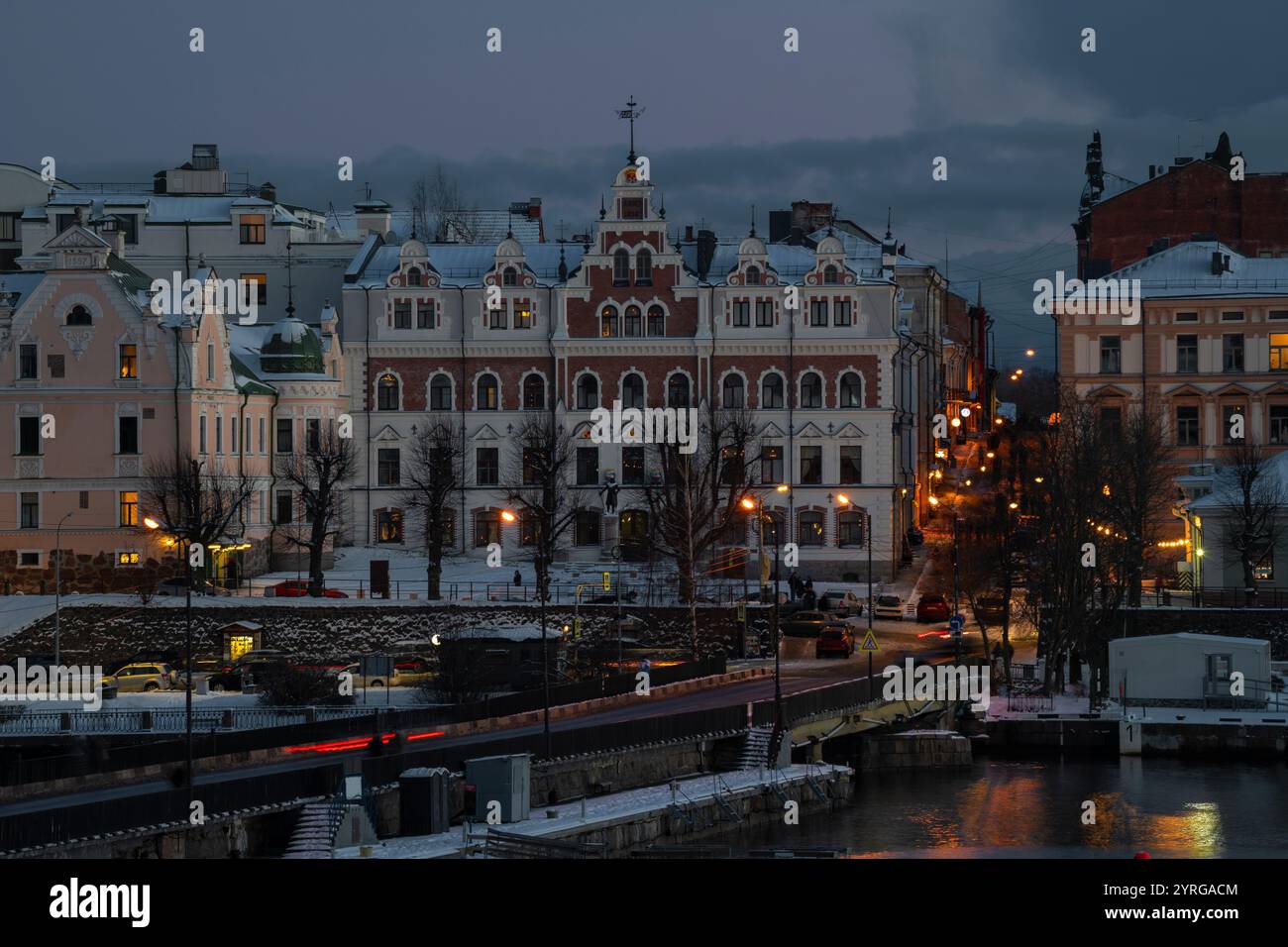 The ancient building of the Old Town Hall in November twilight. Vyborg ...