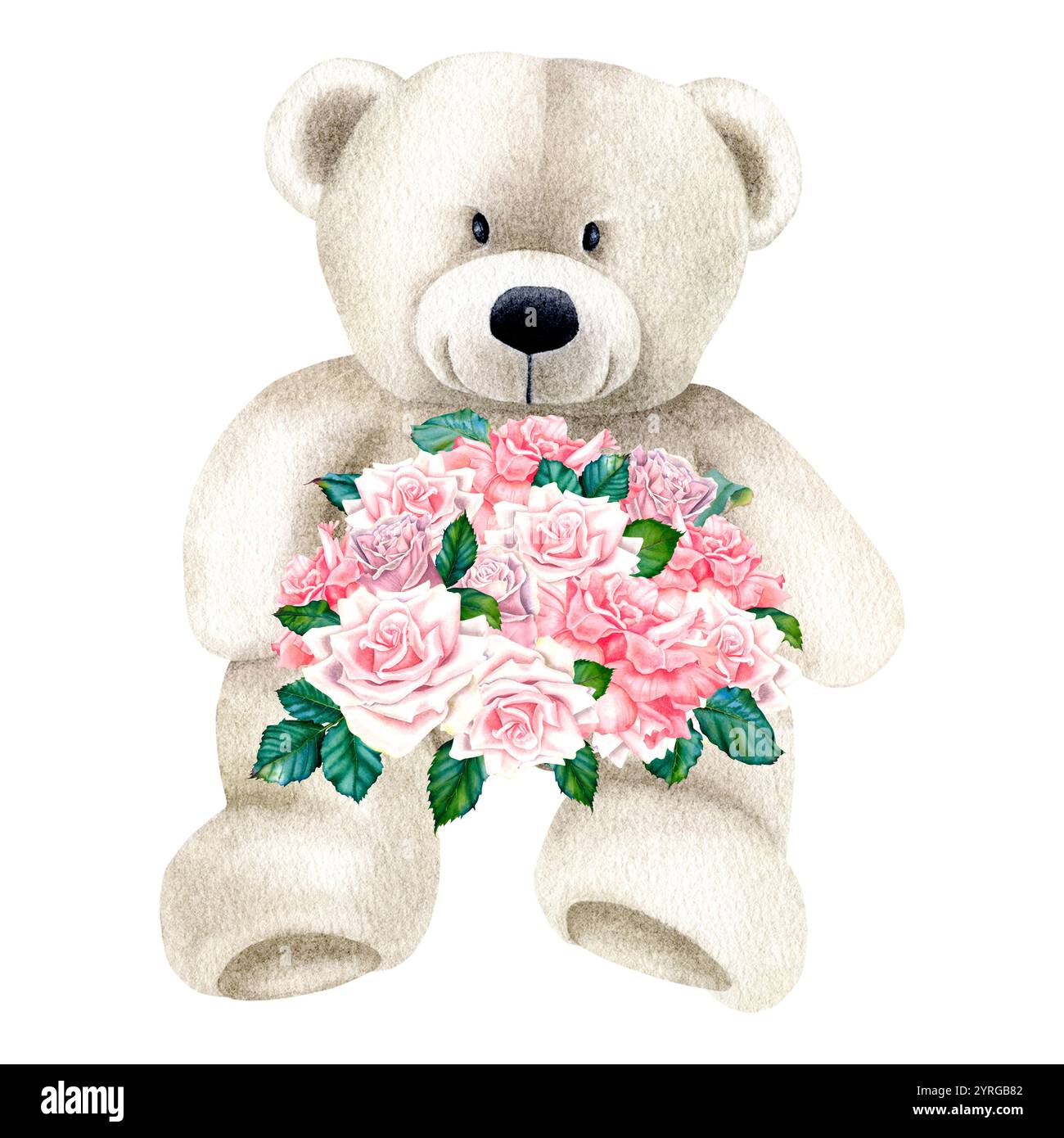 Soft bear toy with a bouquet of pink roses. Hand drawn watercolor ...
