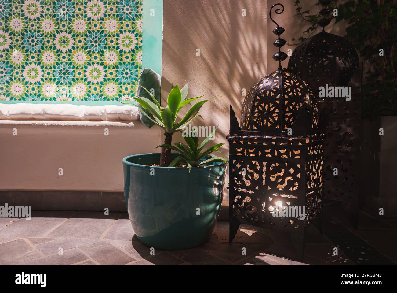 Marrakech Style Hotel Corner with Lantern and Moroccan Tiles Stock ...