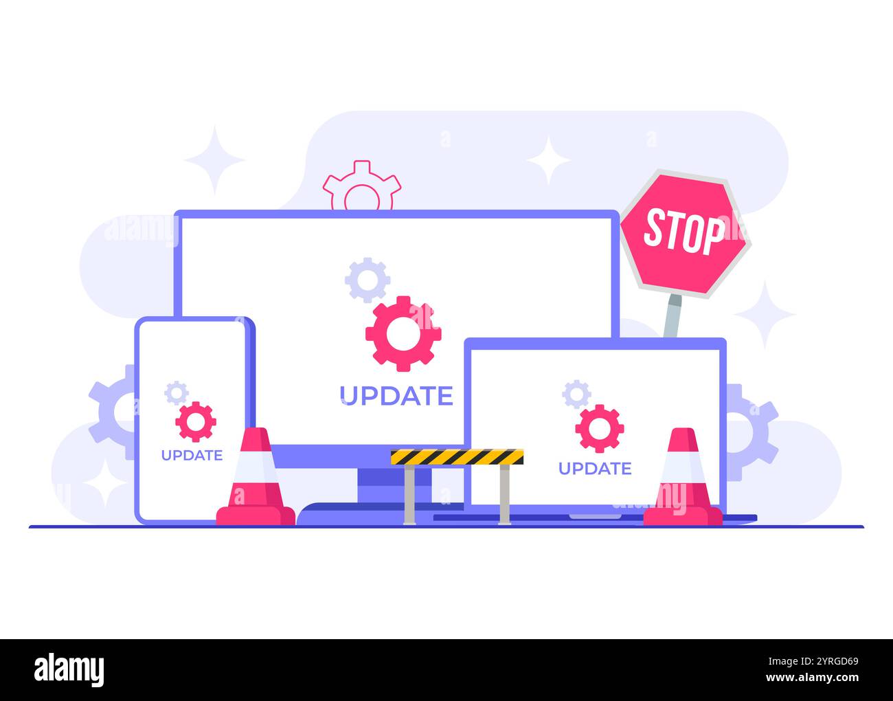 Devices with software update screens flat vector illustration, System maintenance, update ...