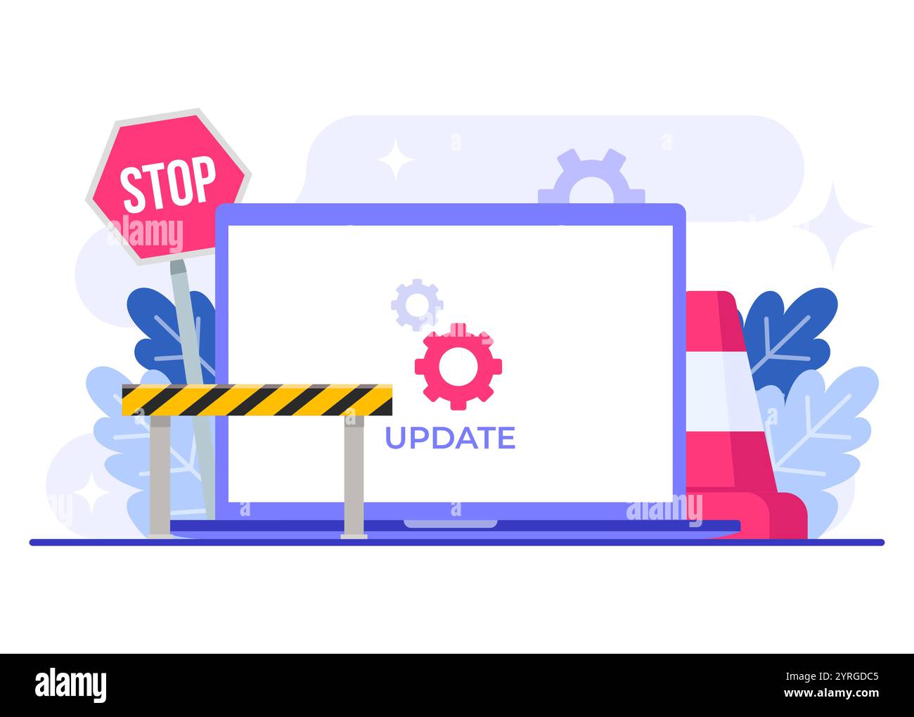 Laptop with software update screen flat vector illustration, System ...