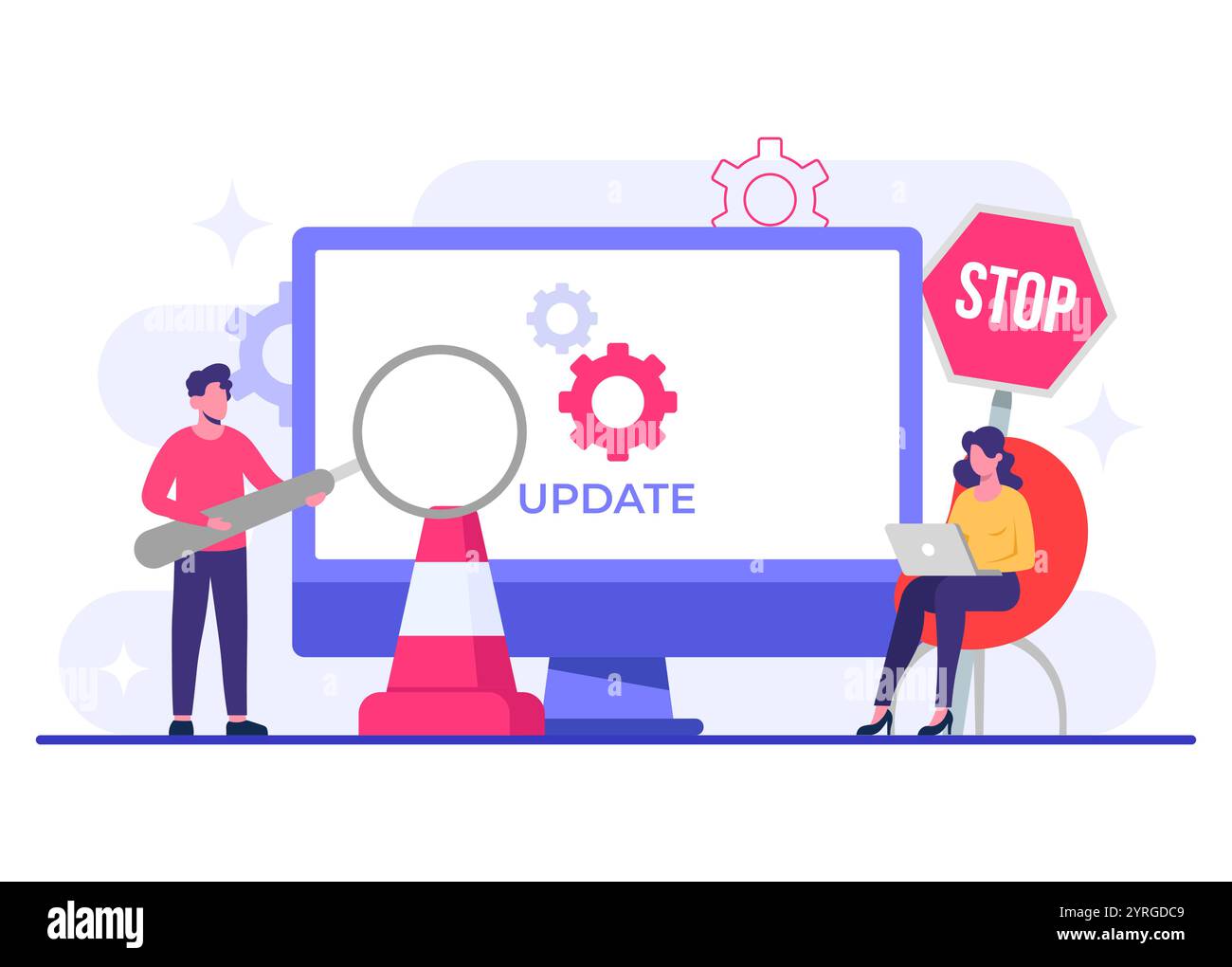 Computer with software update screen flat vector illustration, System ...