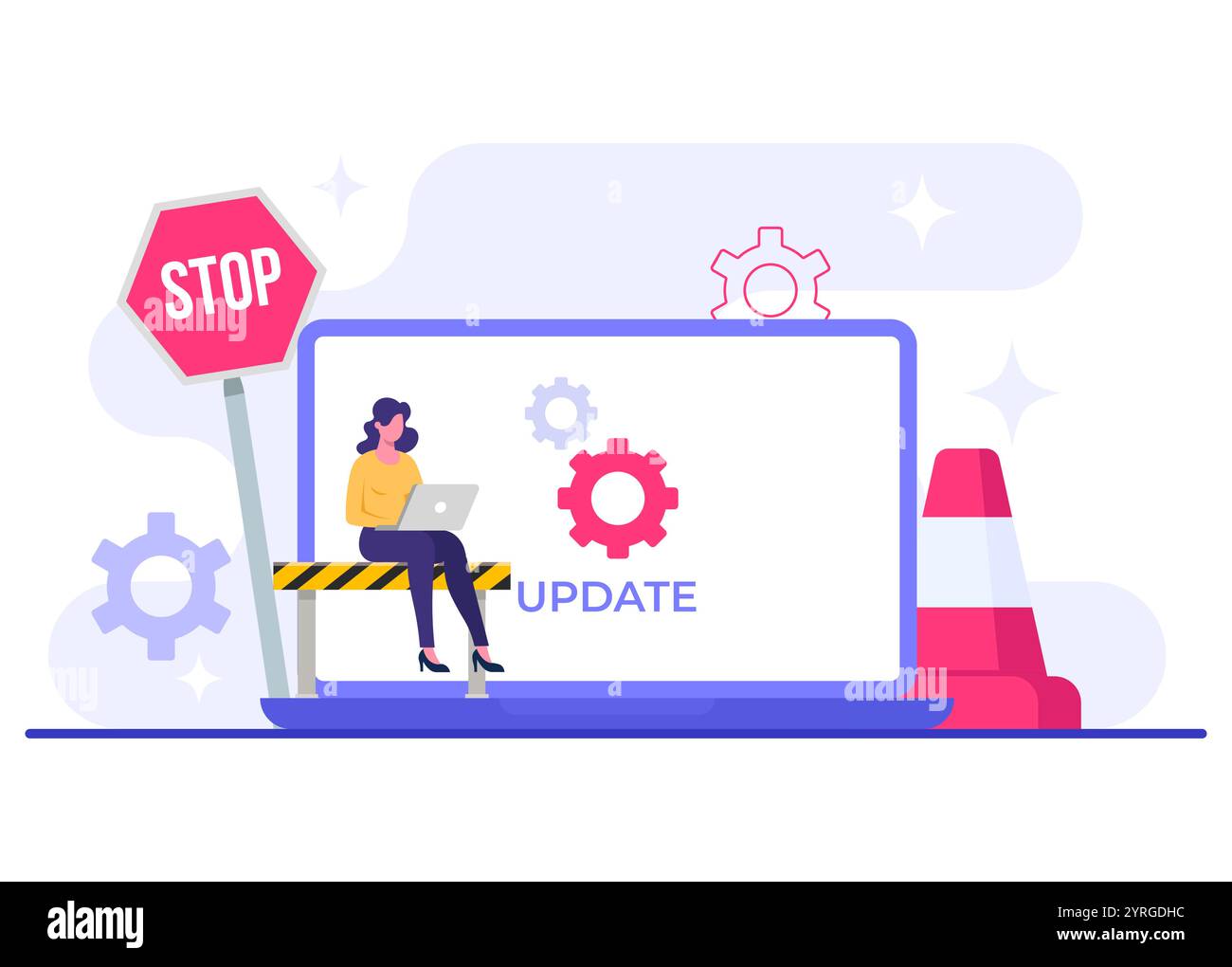 laptop with software update screen flat vector illustration, System ...