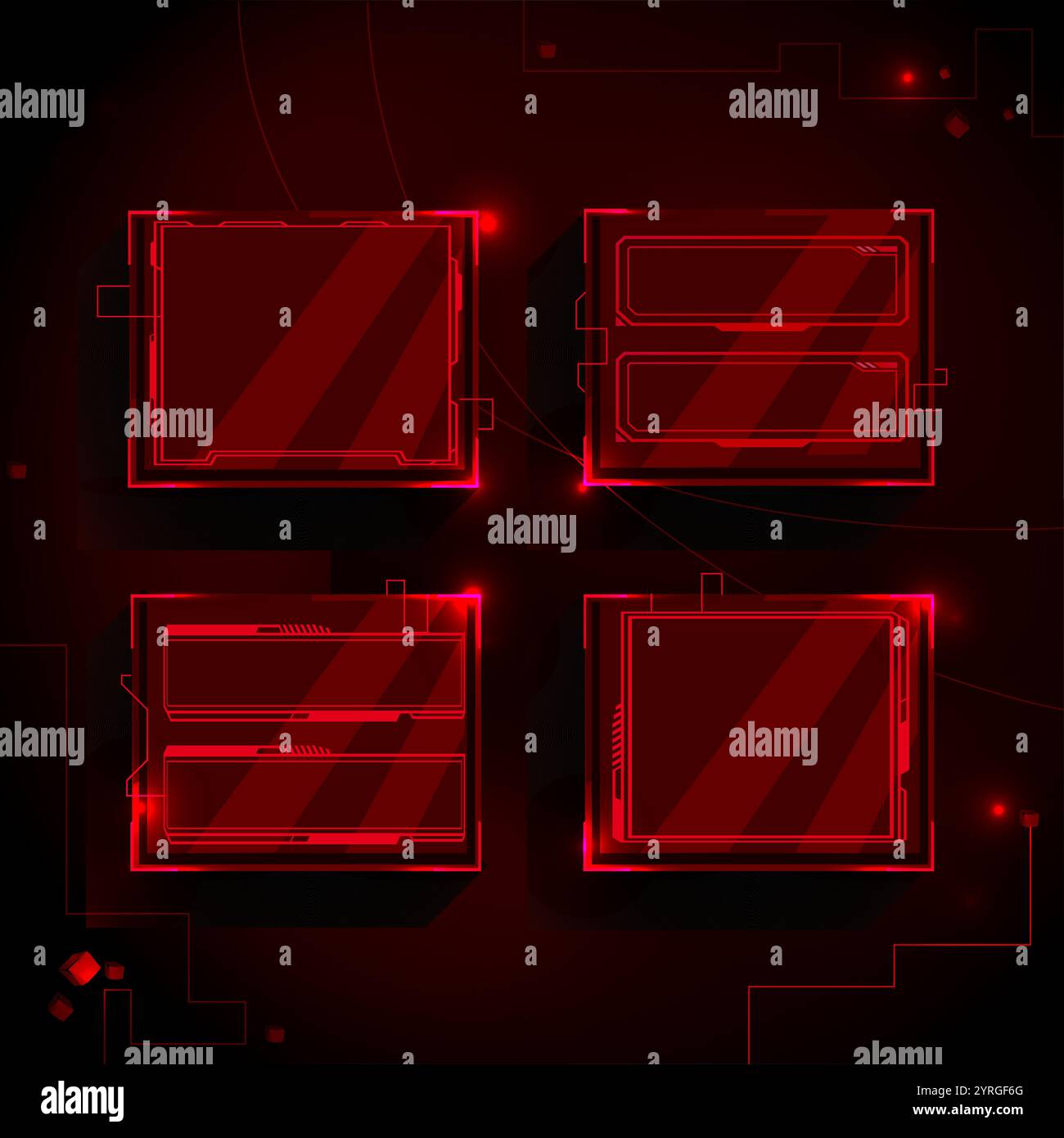 Sci fi notification frames with glowing red thin lines on dark ...