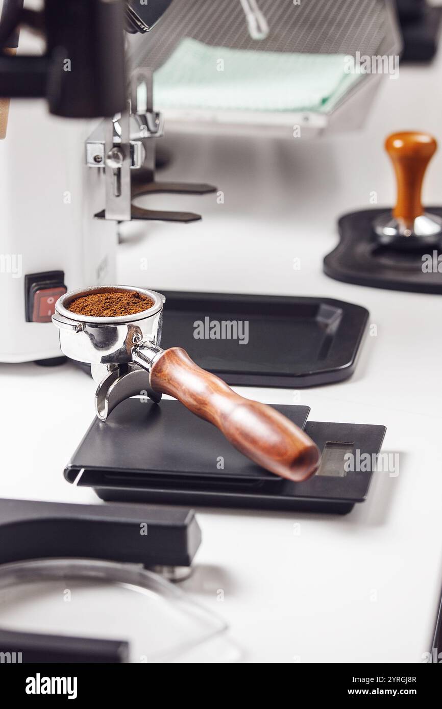 Freshly Ground Coffee in Portafilter on Scale, Ready for Espresso ...