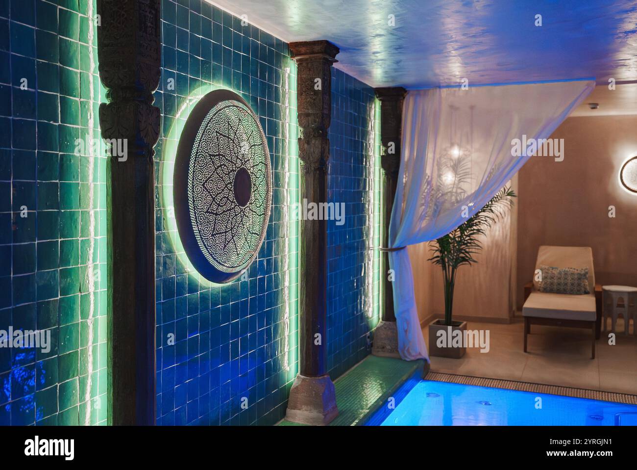 Indoor Pool Area with Moroccan Design in Luxury Boutique Hotel Stock ...