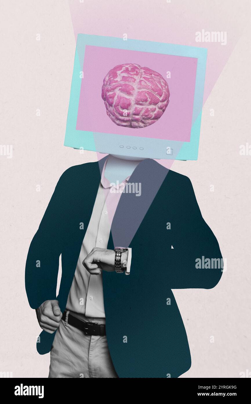 Trendy vertical collage of anonym businessman look wristwatch headless pc monitor brain organ ai ...