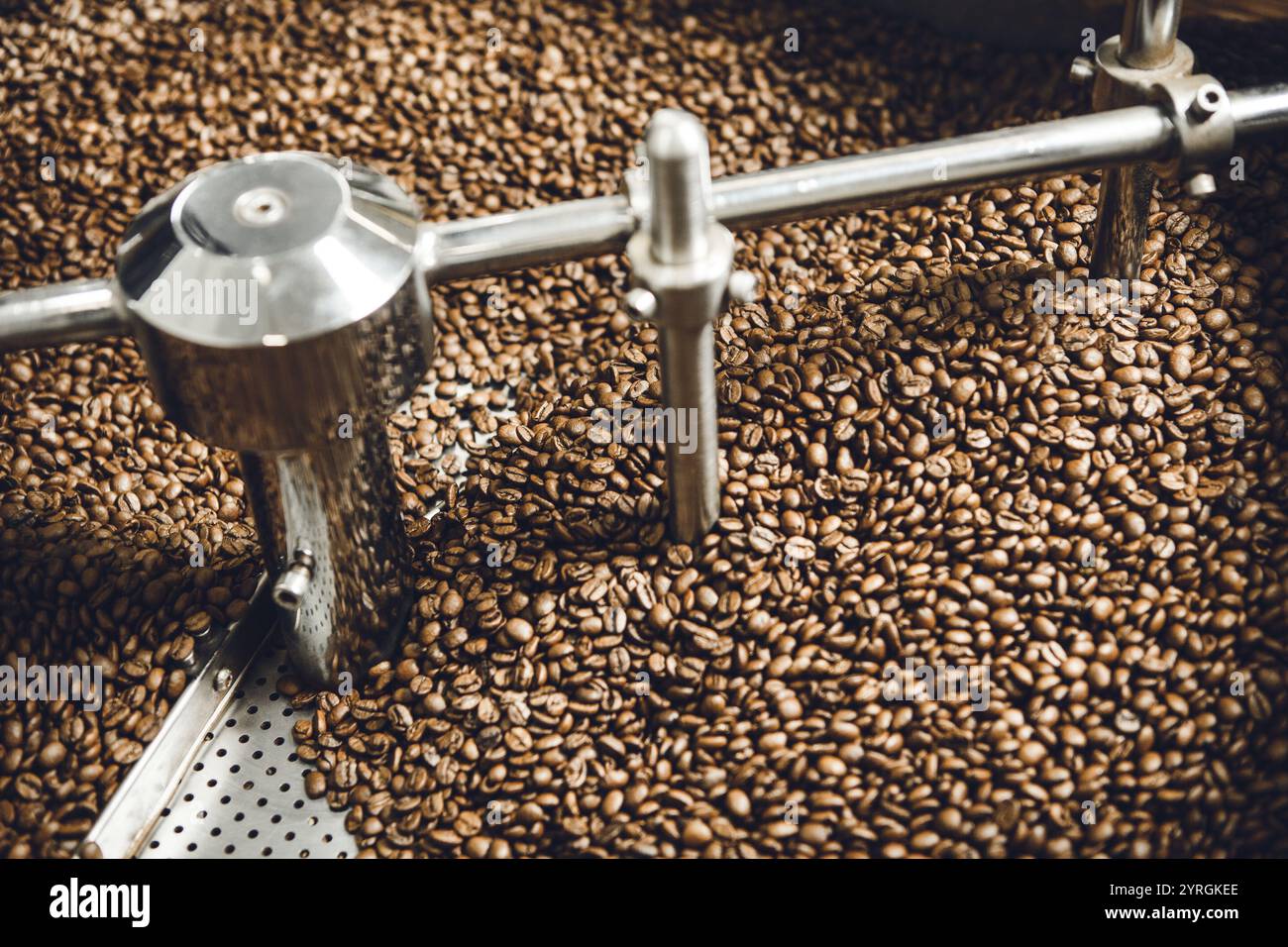 Overhead View ov Roasting Process Coffee Beans on Professional Mixing ...