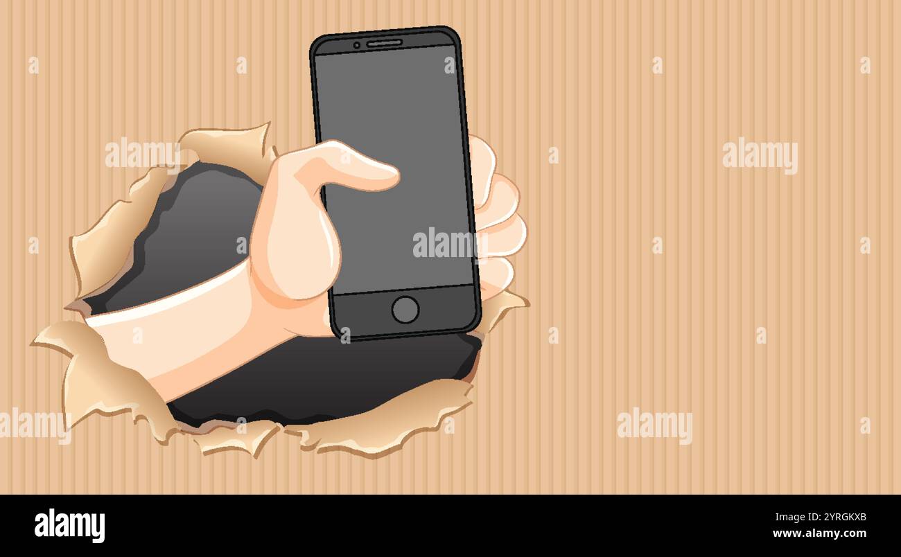 Illustration of hand breaking through paper with phone Stock Vector ...