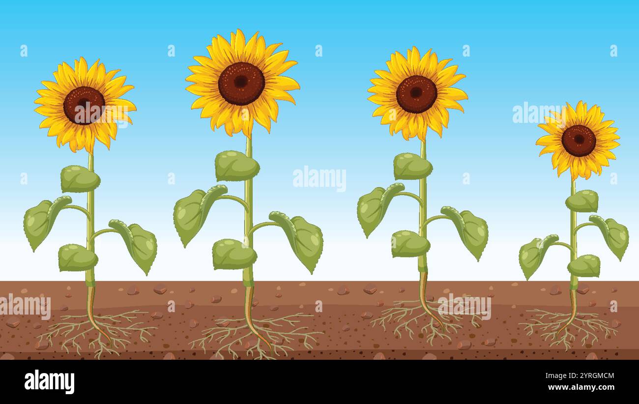 Four sunflowers with roots in soil, under blue sky Stock Vector Image ...