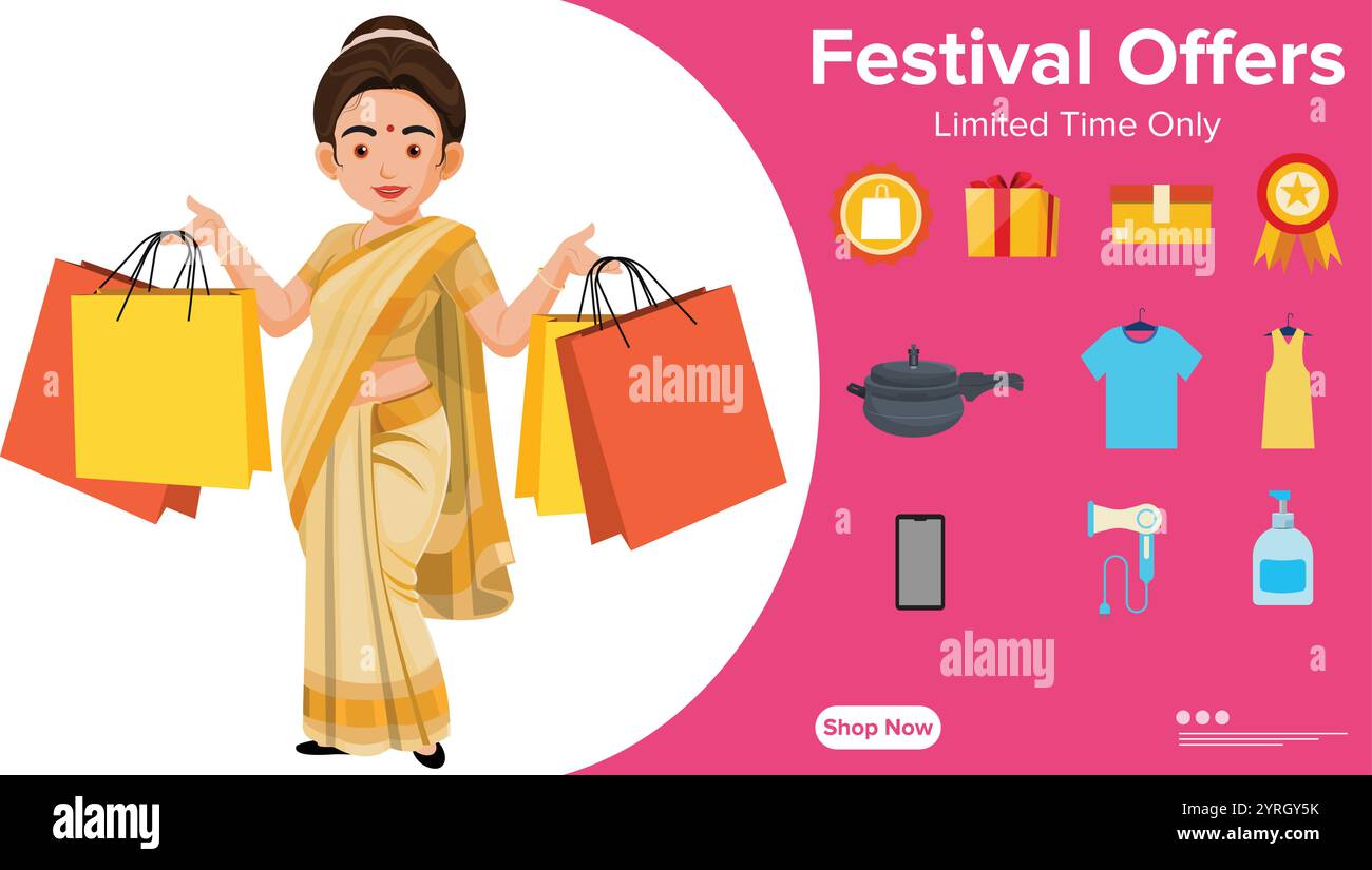 Festive offer Indian woman holding shoping bag, Banner design of ...