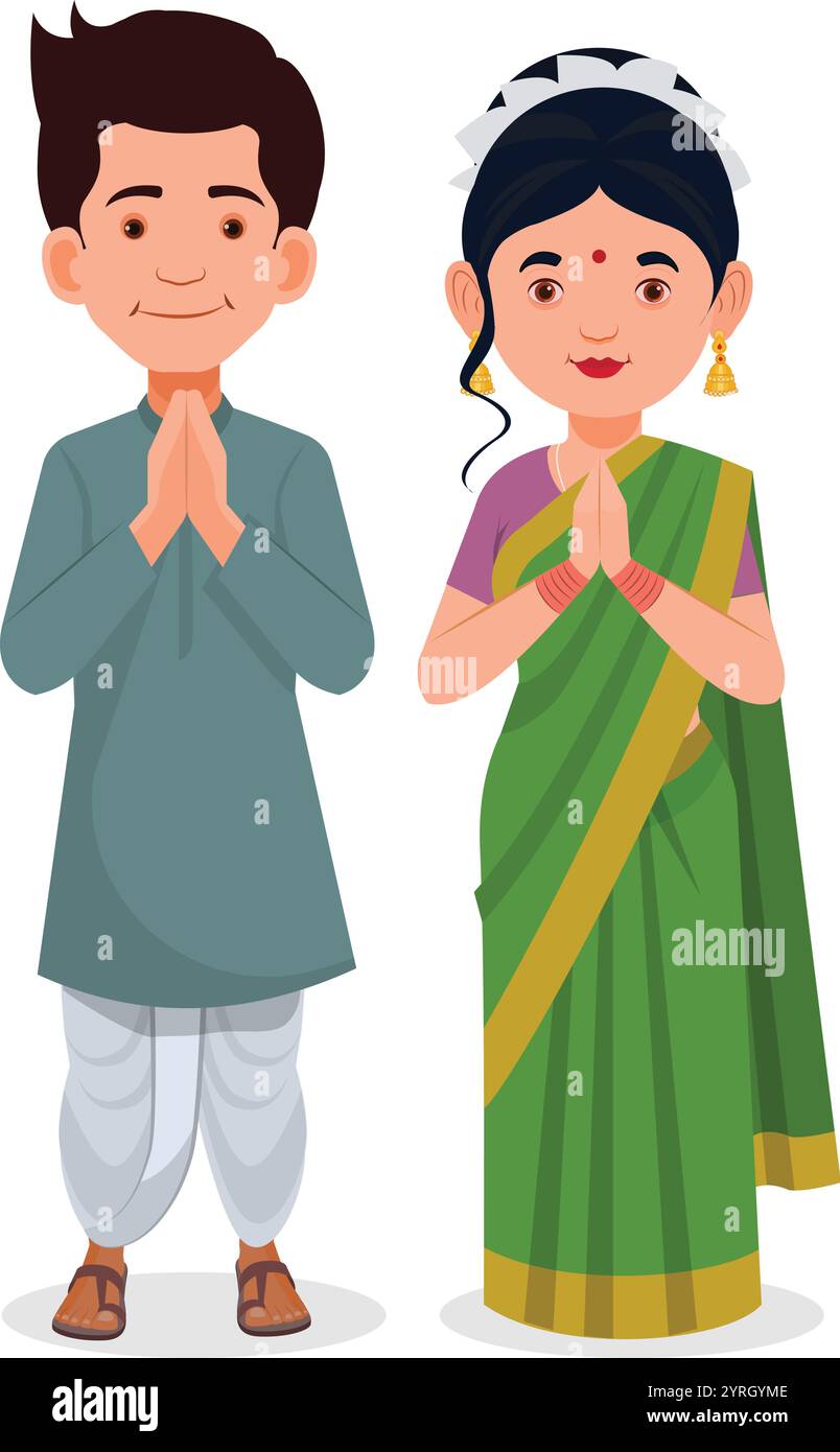Indian Couple Doing Namaste, for Happy Diwali Celebration Stock Vector ...