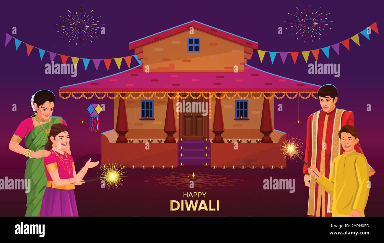 Happy Diwali with happy family,Traditional Indian House Decorated with ...