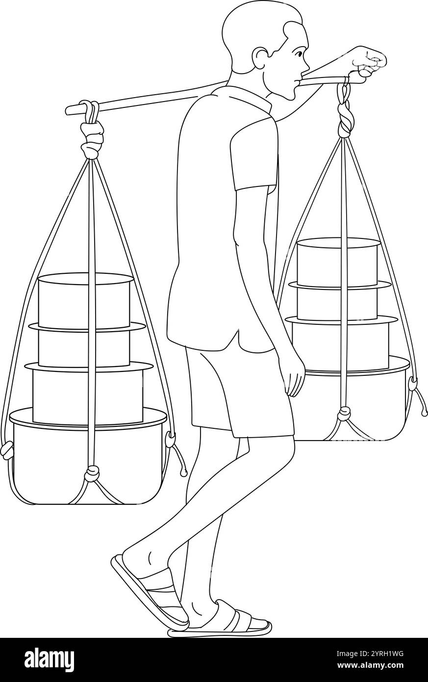 Man Carrying Goods On His Shoulder., Hand drawn in thin line style ...