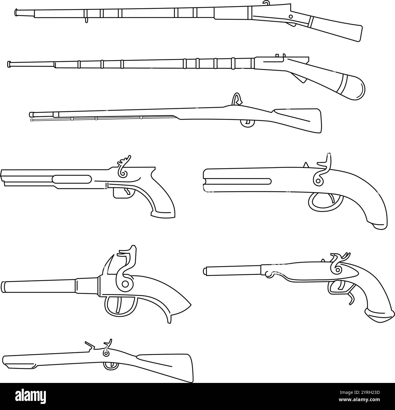 Old Rifles set, weapons illustrations, Hand drawn in thin line style ...