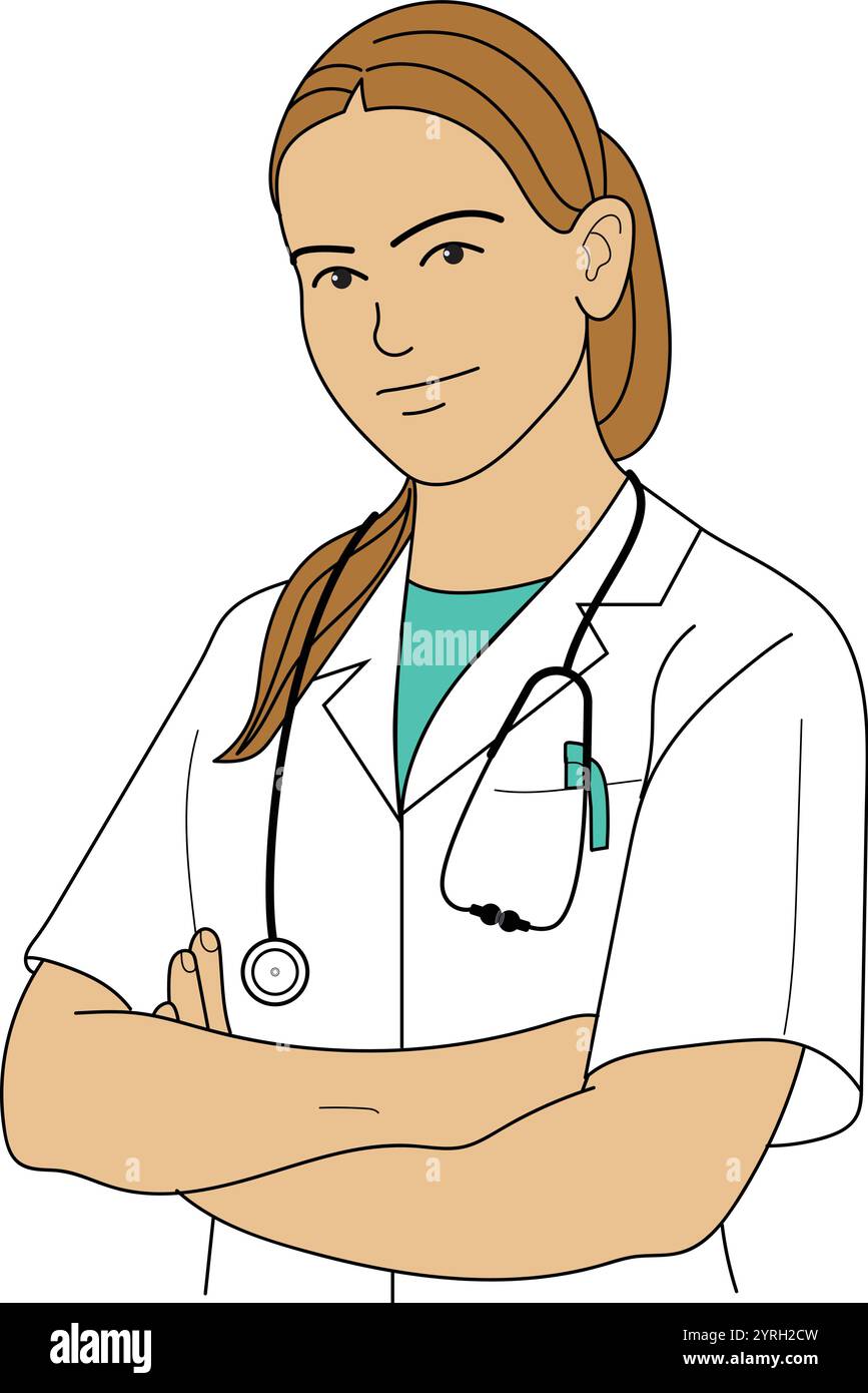 Female Doctor, Concept of medical team, hand drawn in thin line style ...