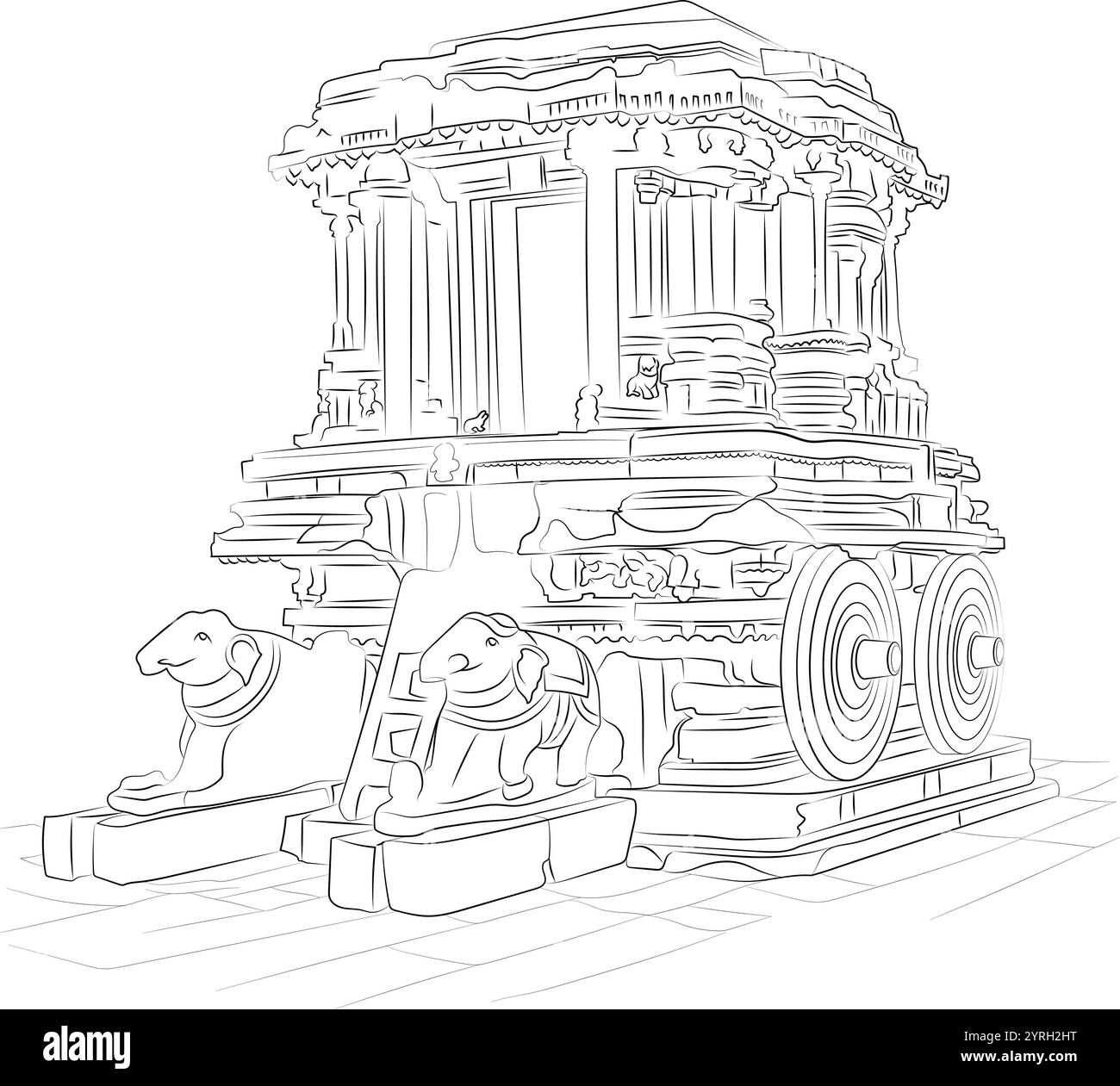 Stone chariot, Hampi Monuments, Hand drawn in thin line style Stock ...