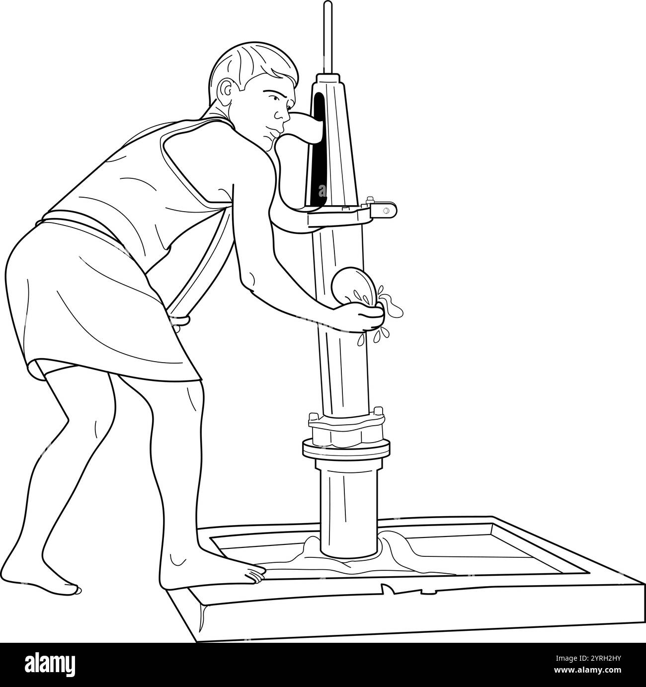 Man pumping water from hand pump, hand drawn in thin line style Stock ...