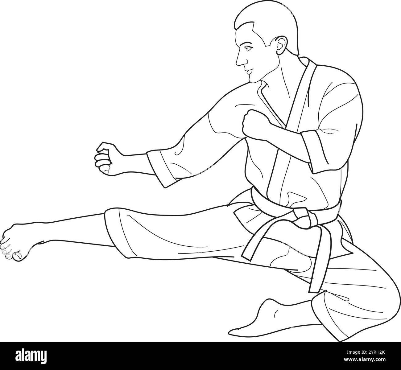 Man in Karate Pose, Fast kick fighting technique, Hand drawn in thin ...