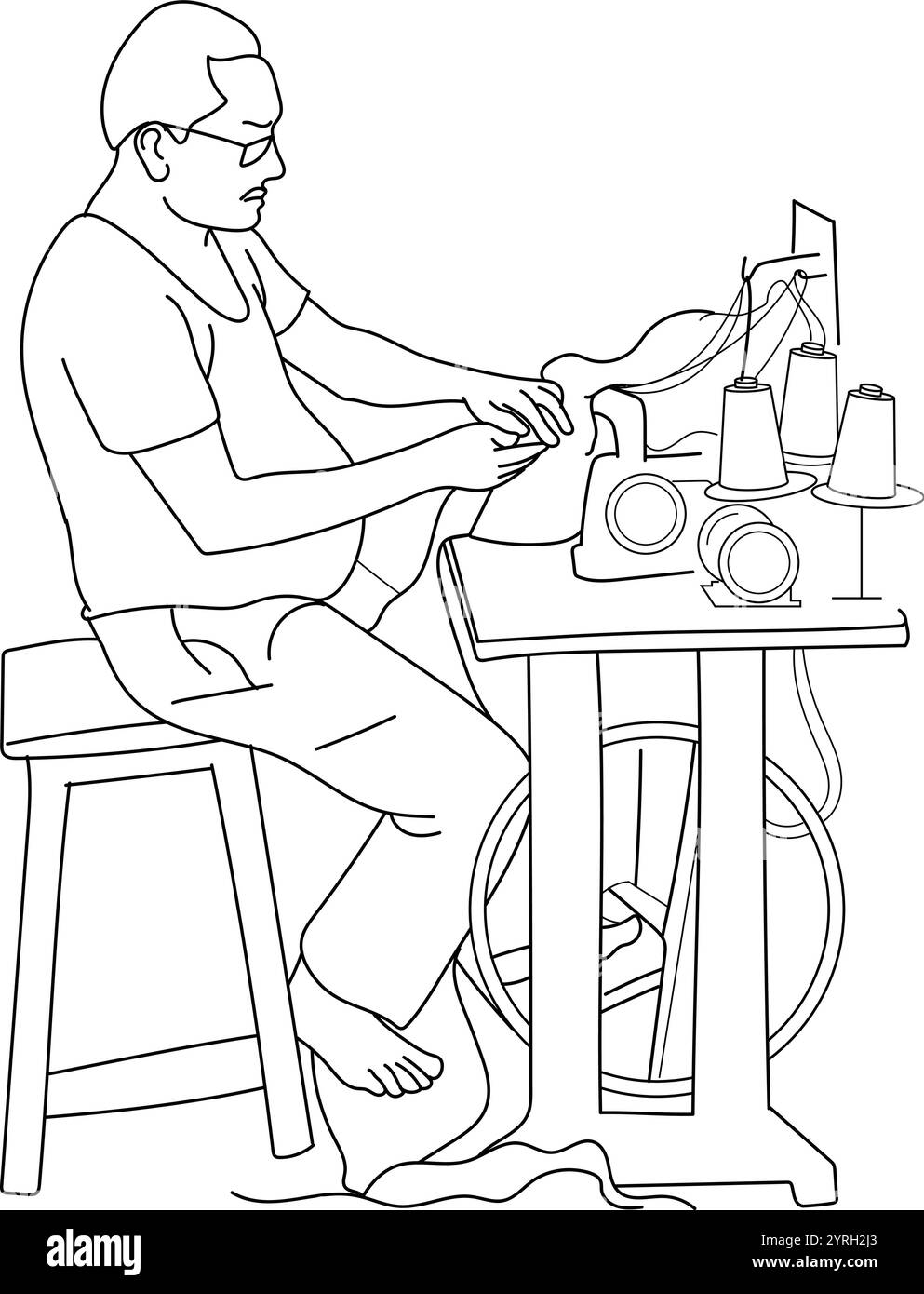 Indian tailor working, Hand drawn in thin line style Stock Vector Image ...