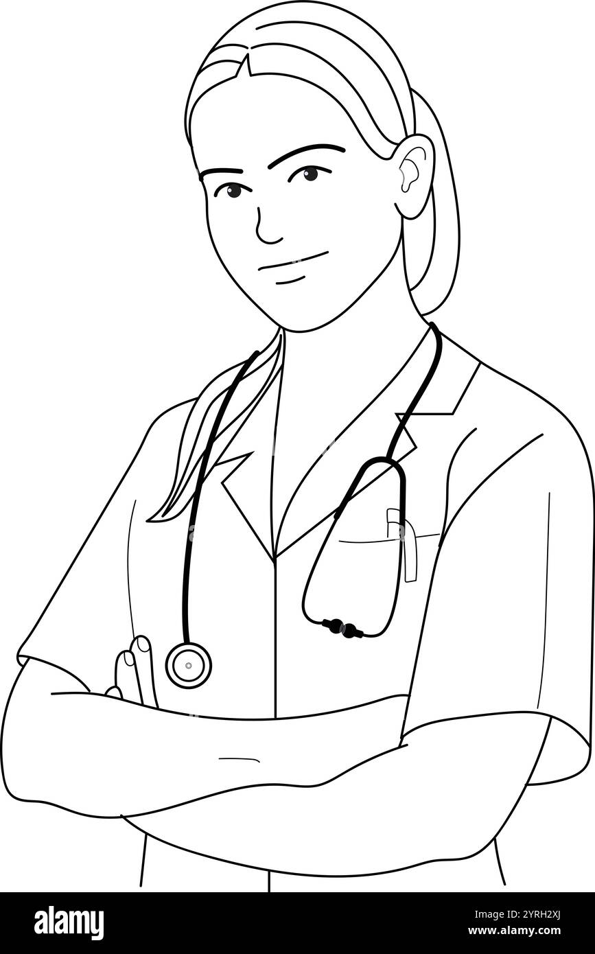 Lady Doctor, female doctor standing, Hand drawn in thin line style ...