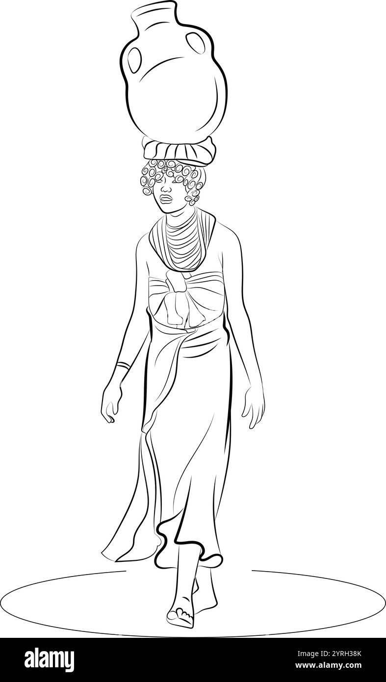 tribal woman carrying pot on her head, Hand drawn in thin line style ...