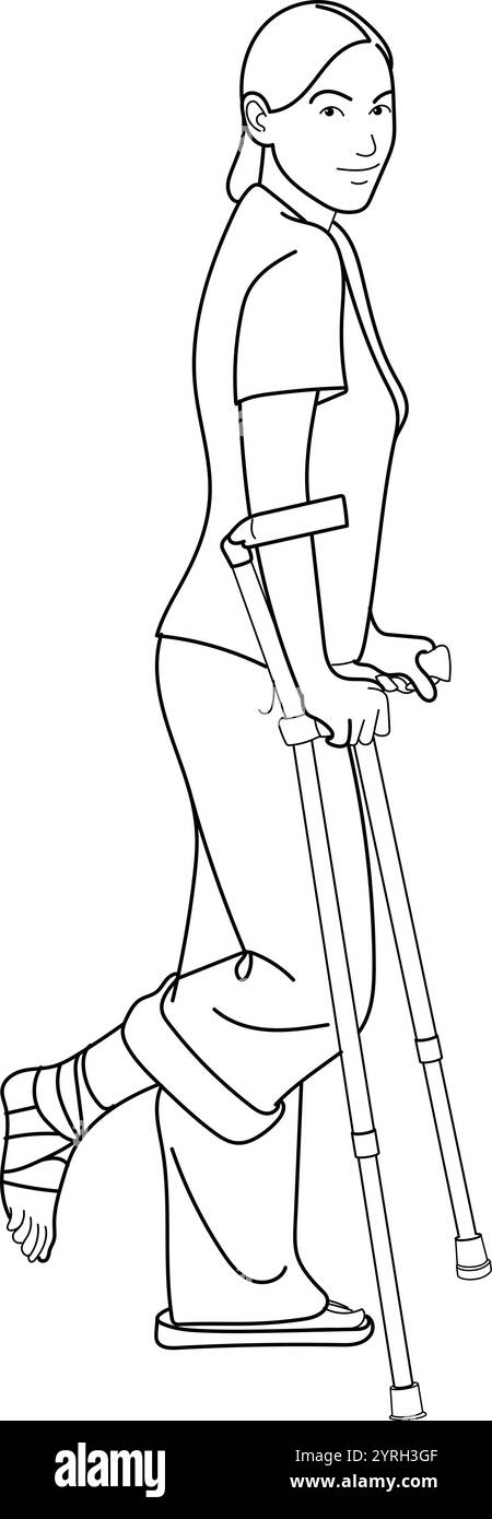Woman with crutches. Having leg injury, Hand drawn in thin line style ...