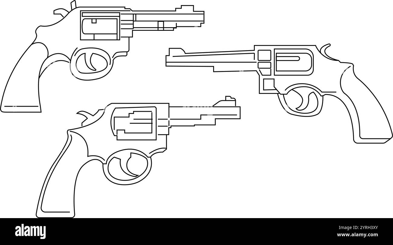 Revolver illustration, old Pistol, Hand drawn in thin line style Stock ...
