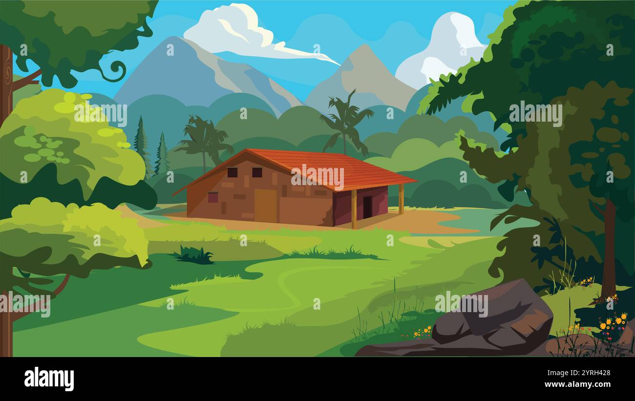 Indian Village Background Illustration, village surrounded by trees and ...