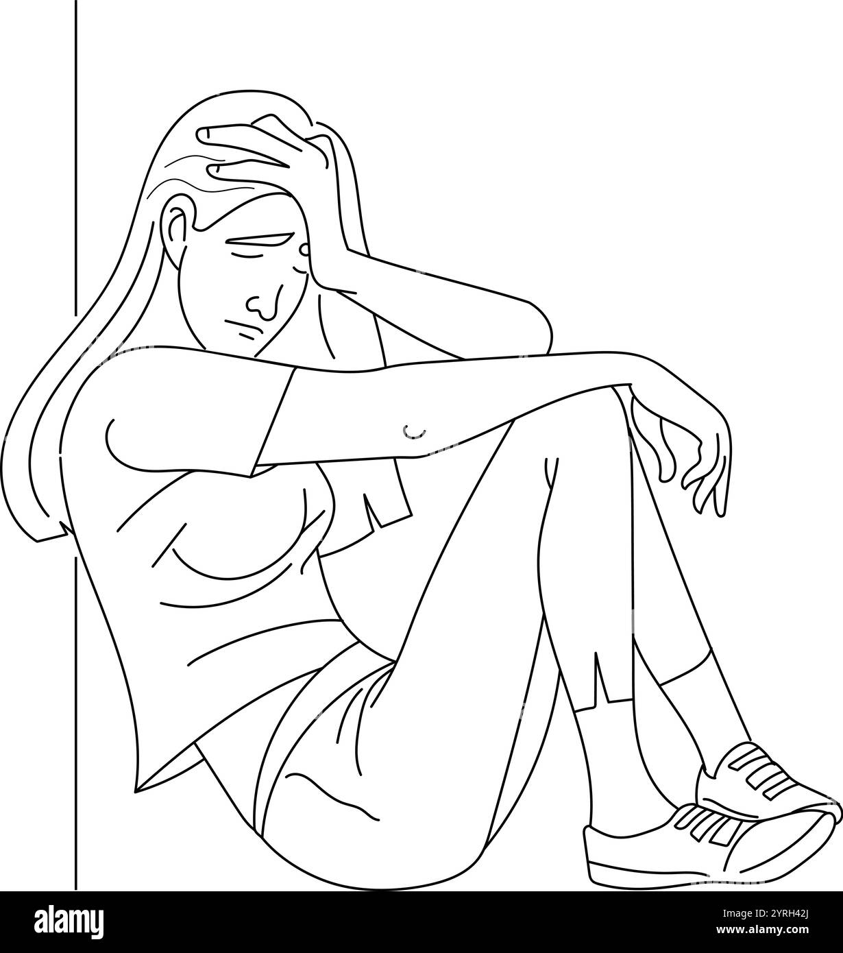 Woman in sad mood, emotion female hand drawn in thin line style Stock ...