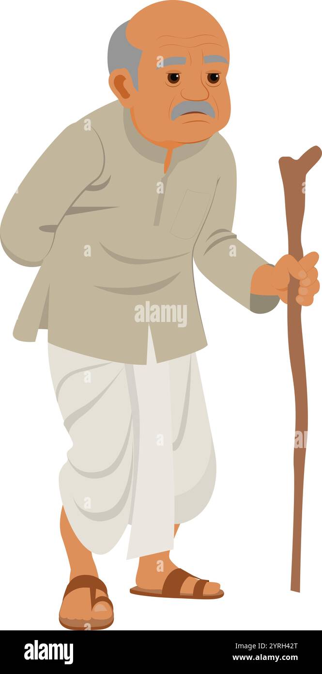 Indian Old man, Grandfather is holding a walking stick in hand Stock ...
