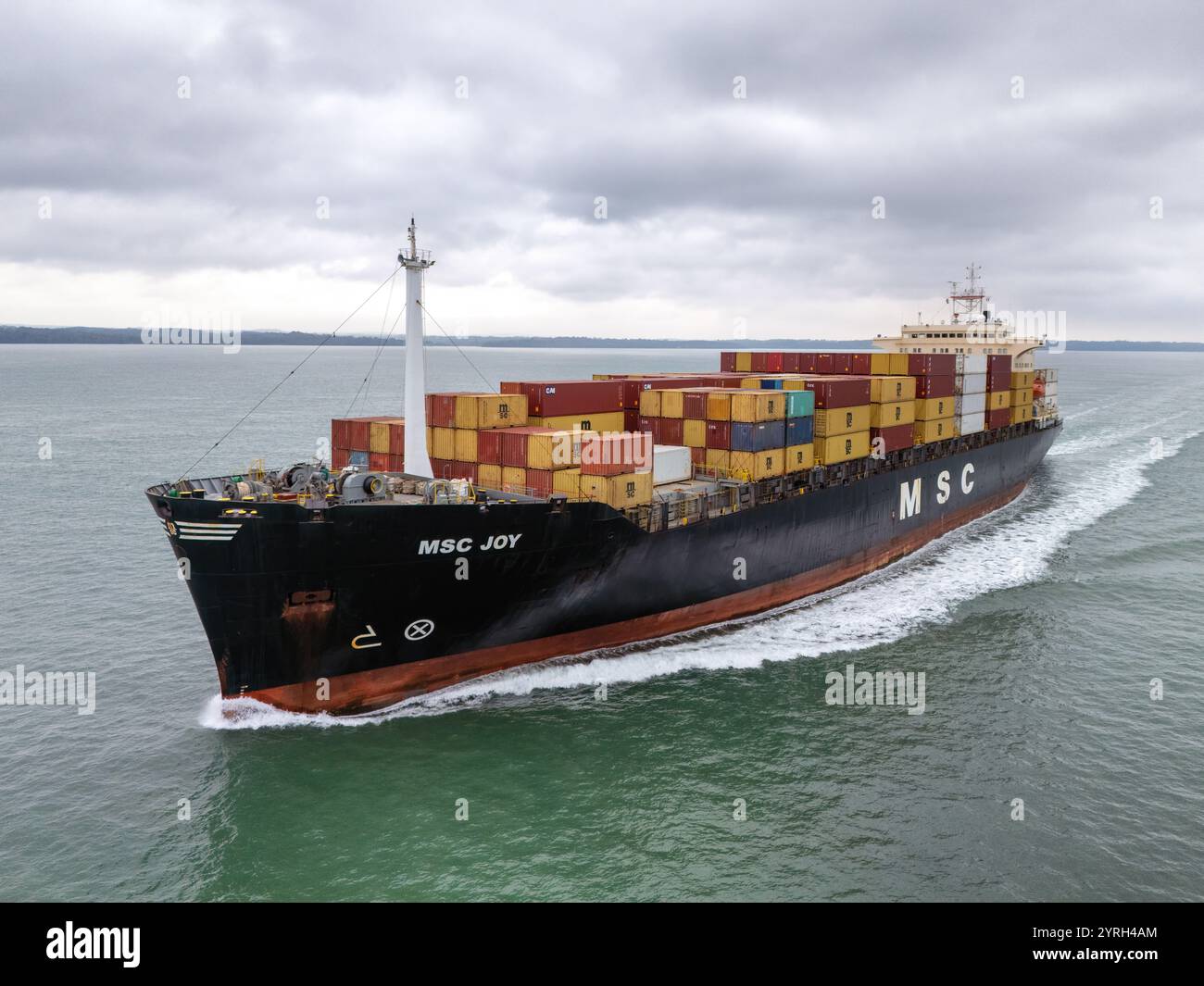Aerial view of MSC Joy, a feeder container ship operated by the Mediterranean Shipping Company ...