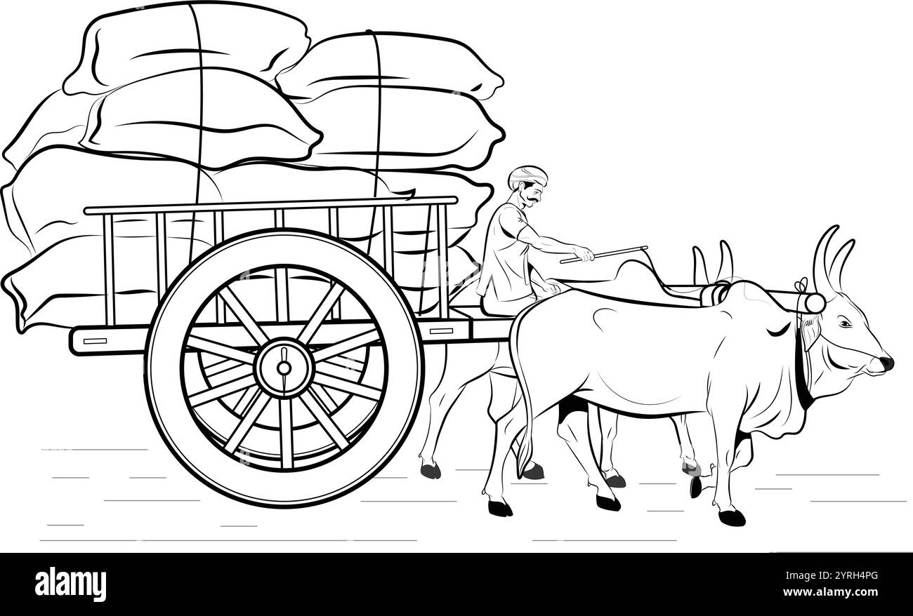 farmer riding a bullock cart Indian village Stock Vector Image & Art ...