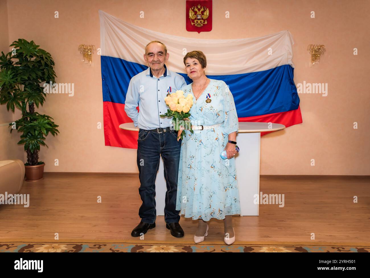 Senior Russian 75 years old couple celebreating golden wedding or 50 ...