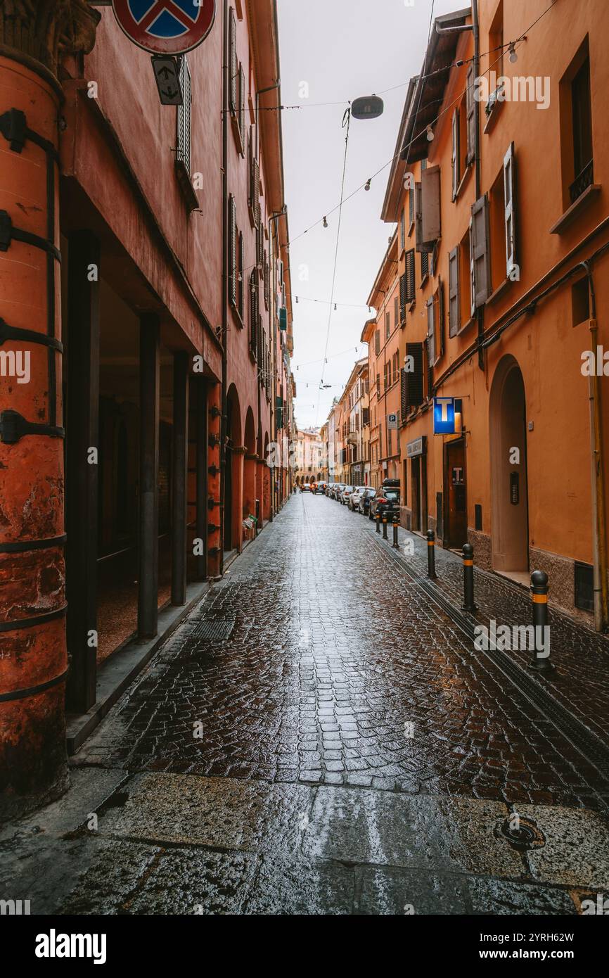 Rain slicked cobblestone street reflecting the warm orange hues of ...