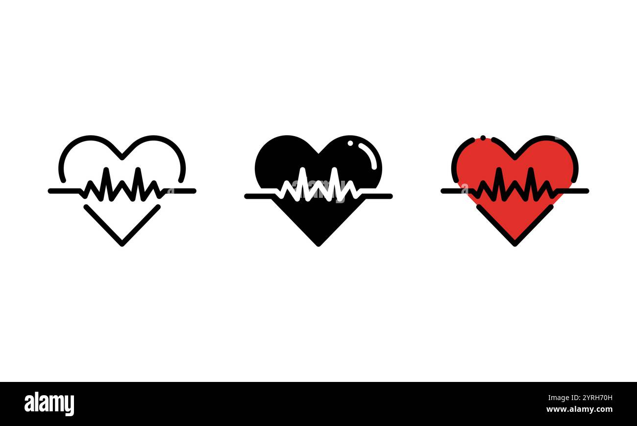 heart rate Icon in different style, represented by a heart shape and a ...