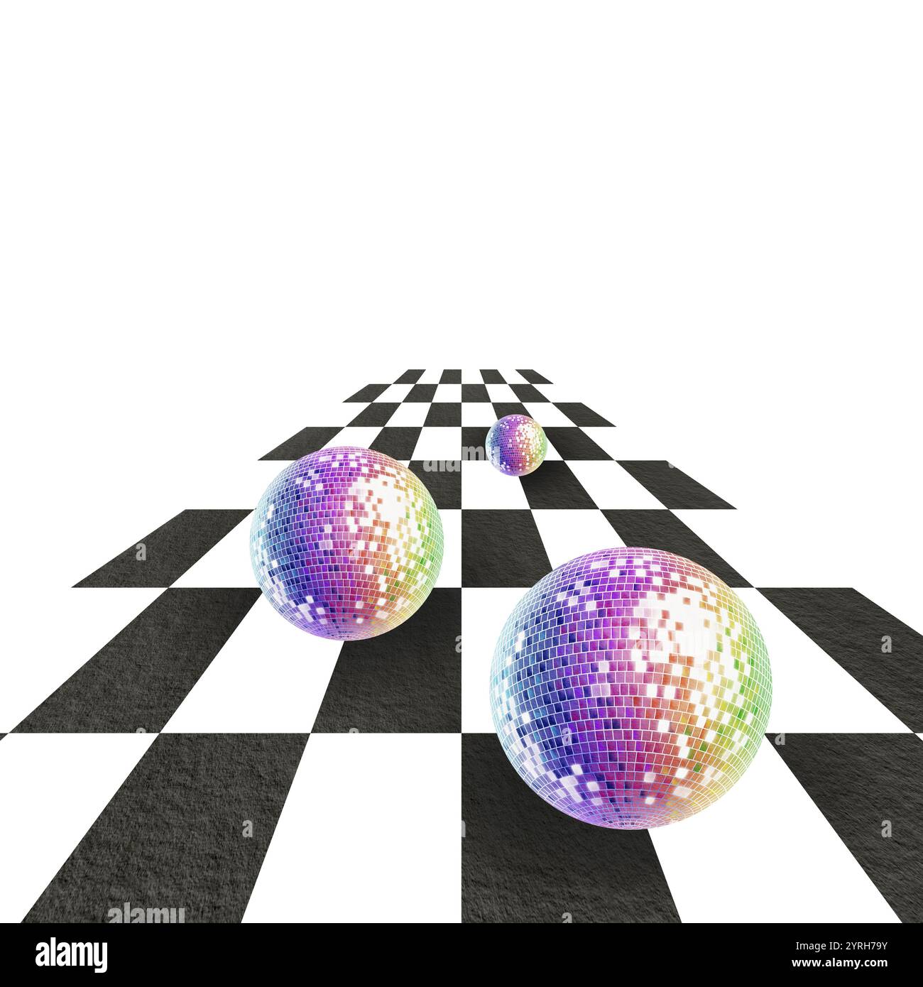 Disco balls in chaotic motion in perspective across a checkerboard ...