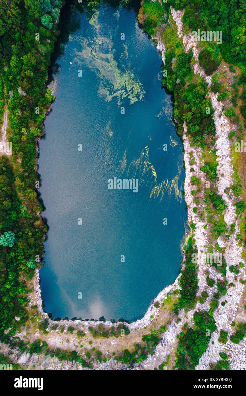 Old abandoned quarry lake, lake in an old abandoned stone mine. Aerial ...